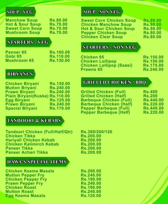 Menu of Hawa Restaurant, Avadi, Chennai
