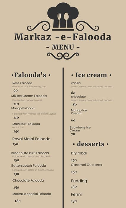 Menu of Markaz-E-Falooda, Ulwe, Navi Mumbai
