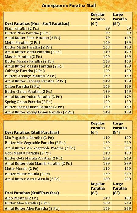 Menu of Annapoorna Paratha Stall, Kandivali West, Mumbai