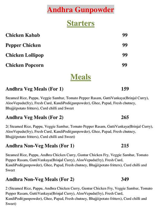 Menu of Andhra Gunpowder, Bommanahalli, Bangalore