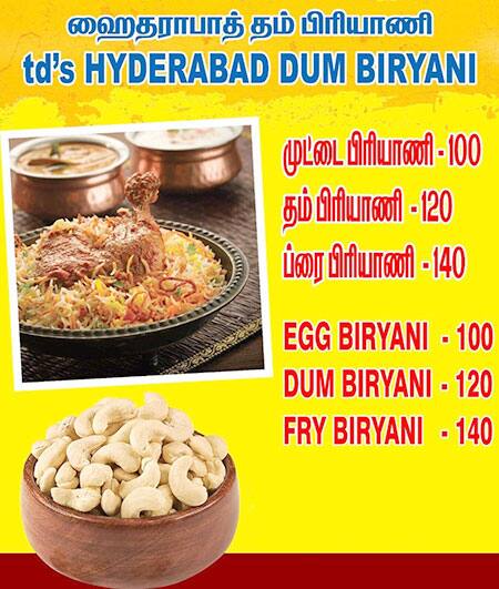 Menu of TD's Hyderabad Dum Biryani, Navallur, Chennai