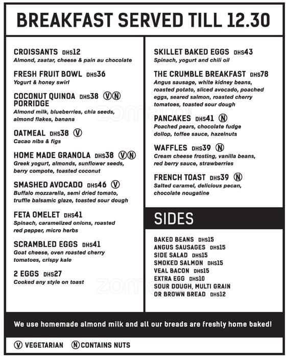 Menu at Crumble cafe, Dubai