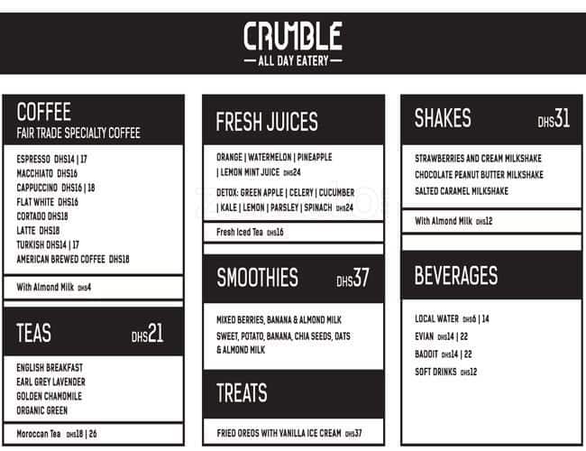 Menu at Crumble cafe, Dubai