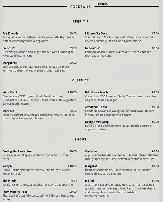 Menu at The Hide Bar, London