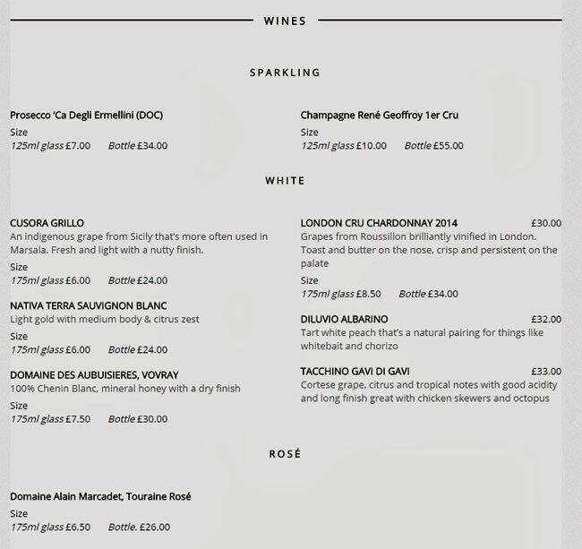 Menu at The Hide Bar, London