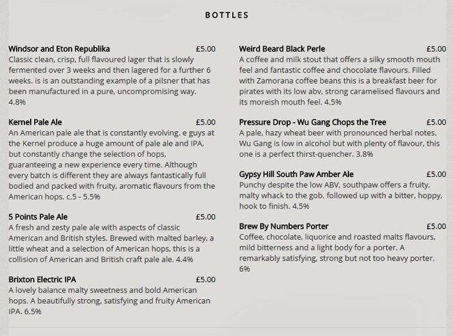 Menu at The Hide Bar, London