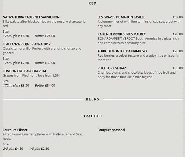 Menu at The Hide Bar, London