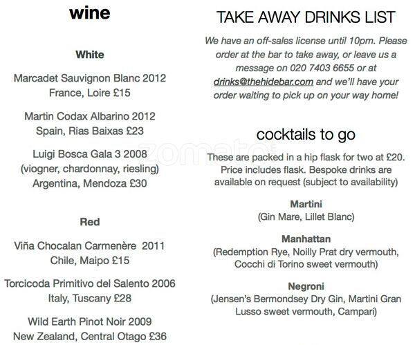 Menu at The Hide Bar, London