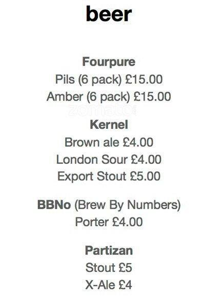 Menu at The Hide Bar, London