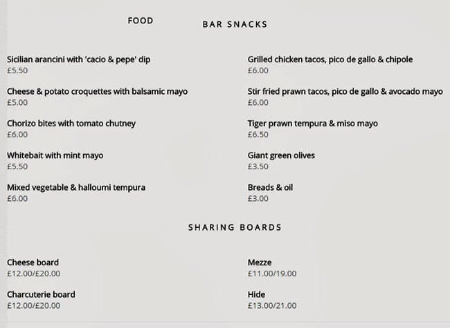 Menu at The Hide Bar, London