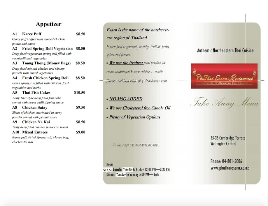 Menu at Phuthai Esarn Restaurant, Wellington