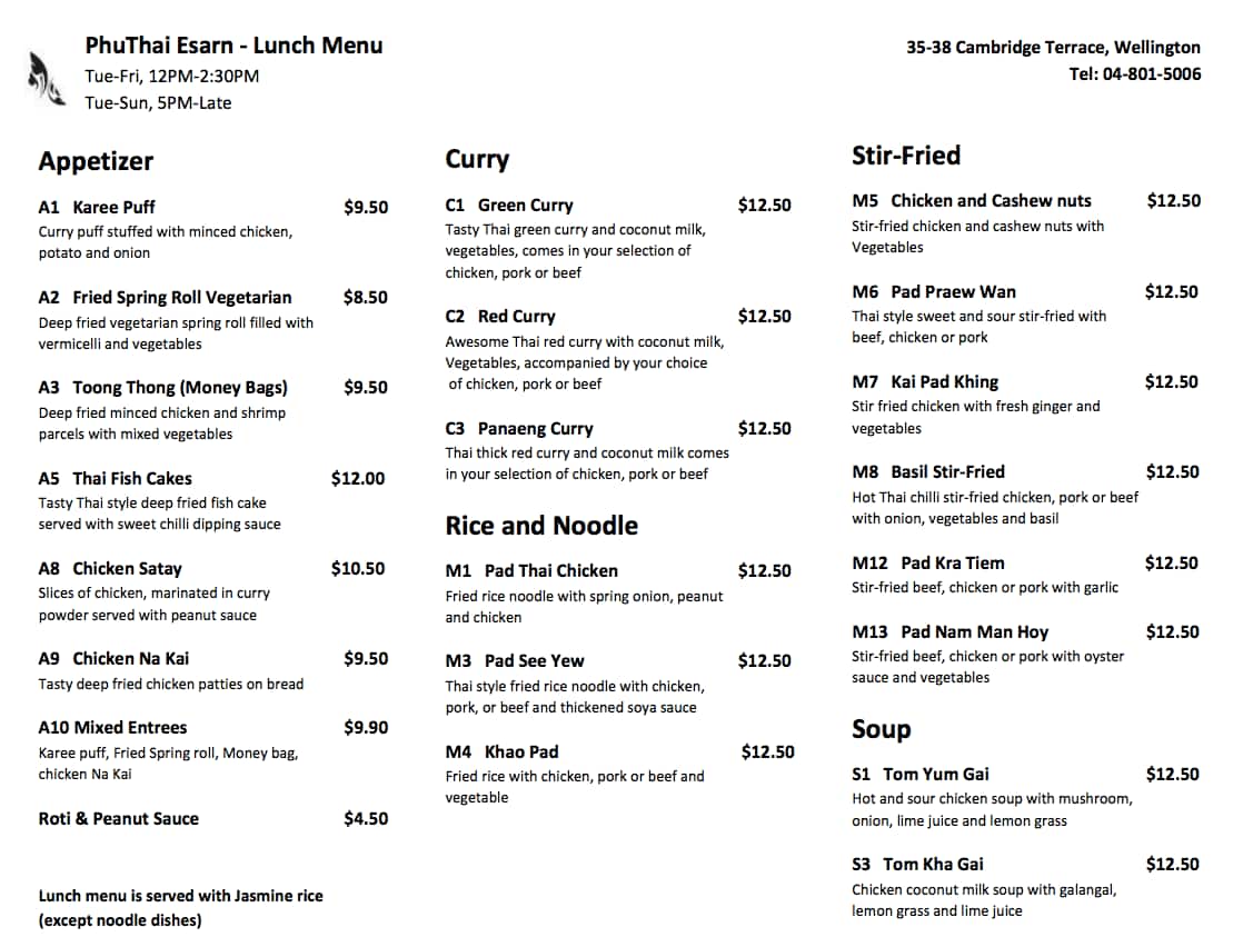 Menu at Phuthai Esarn Restaurant, Wellington