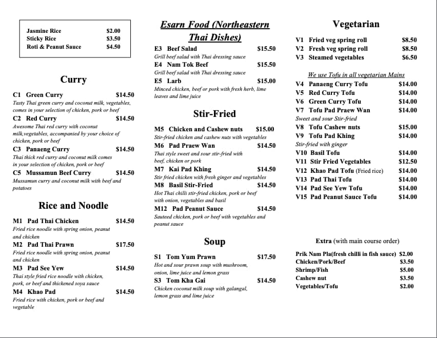 Menu at Phuthai Esarn Restaurant, Wellington