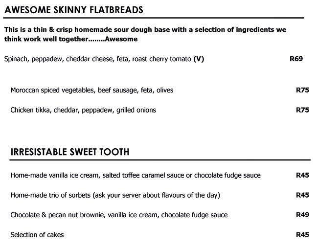 Menu at Earth restaurant, Centurion