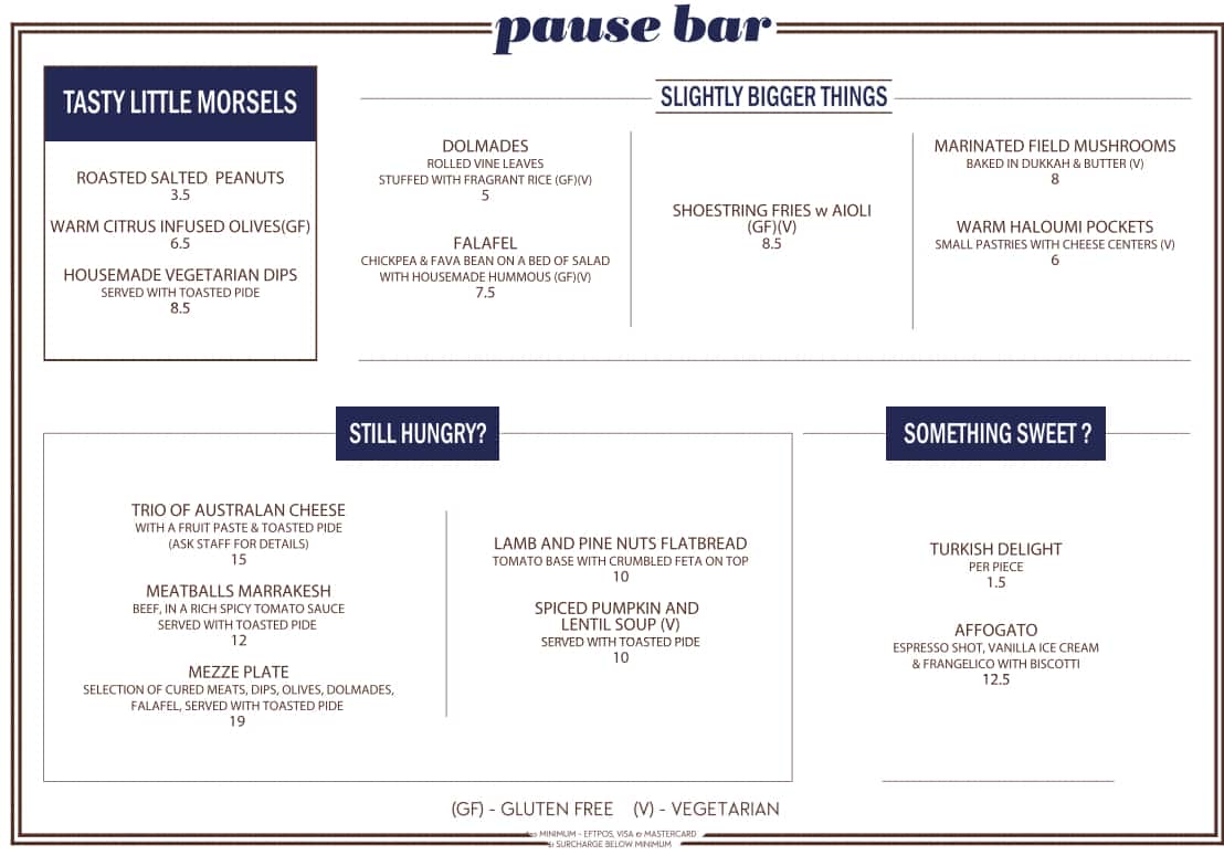 Menu at Pause Bar, Balaclava