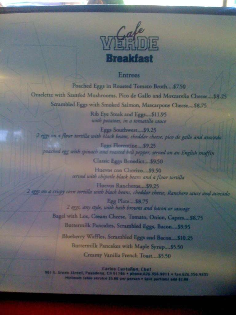 Menu at Cafe Verde, Pasadena