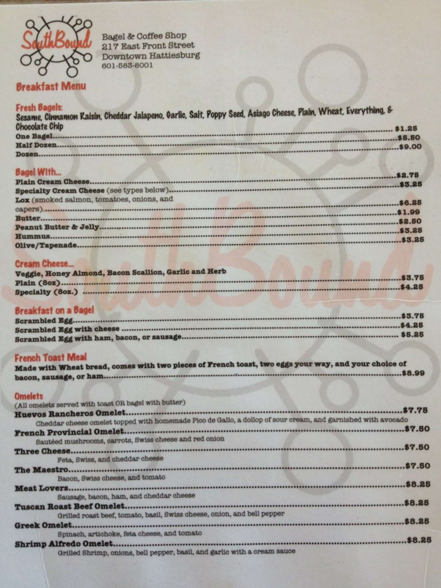 Menu at Southbound Bagel & Coffee Shop restaurant, Hattiesburg