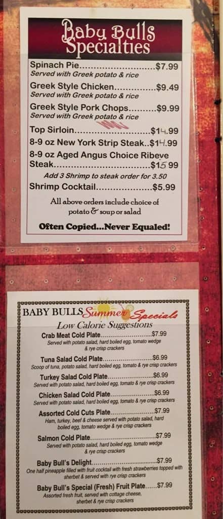 Menu at Baby Bulls Restaurant, Pontiac