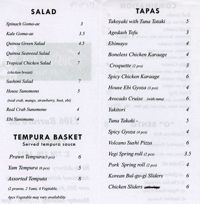 Carta del restaurante Sushi Coen, Vancouver