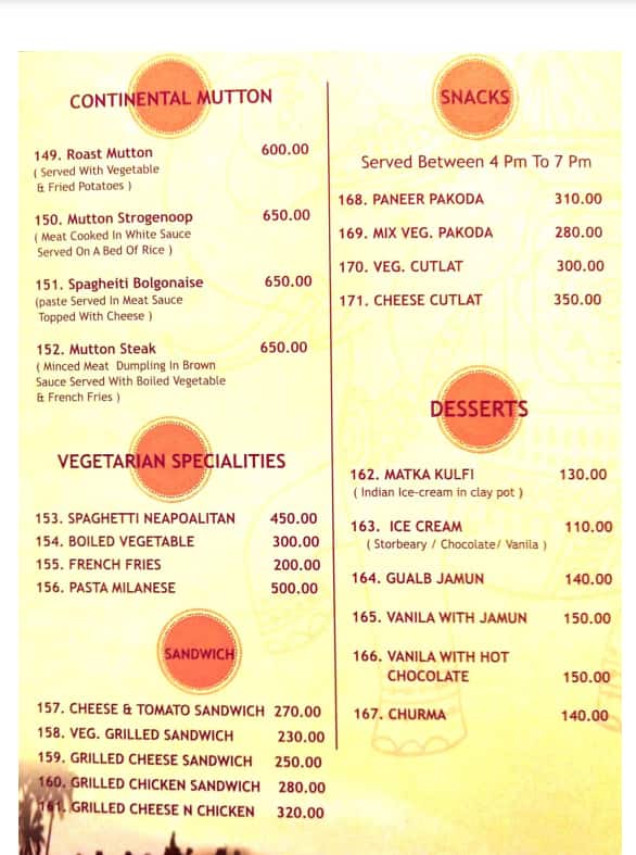 Menu of Royal Rajwada, Amer, Jaipur