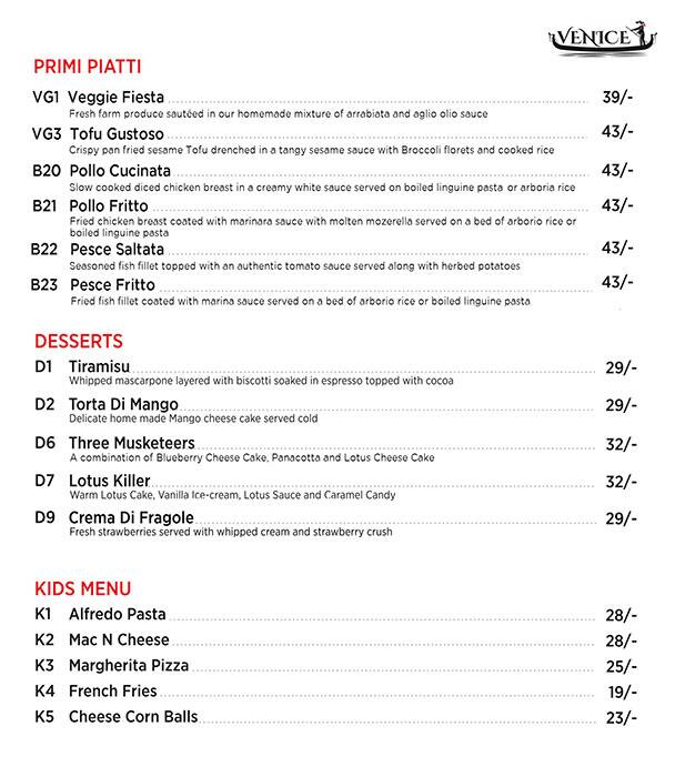 Menu at Bistro Venice restaurant, Dubai