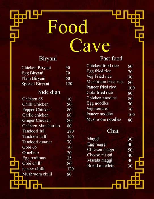 Menu of Food Cave, Chromepet, Chennai