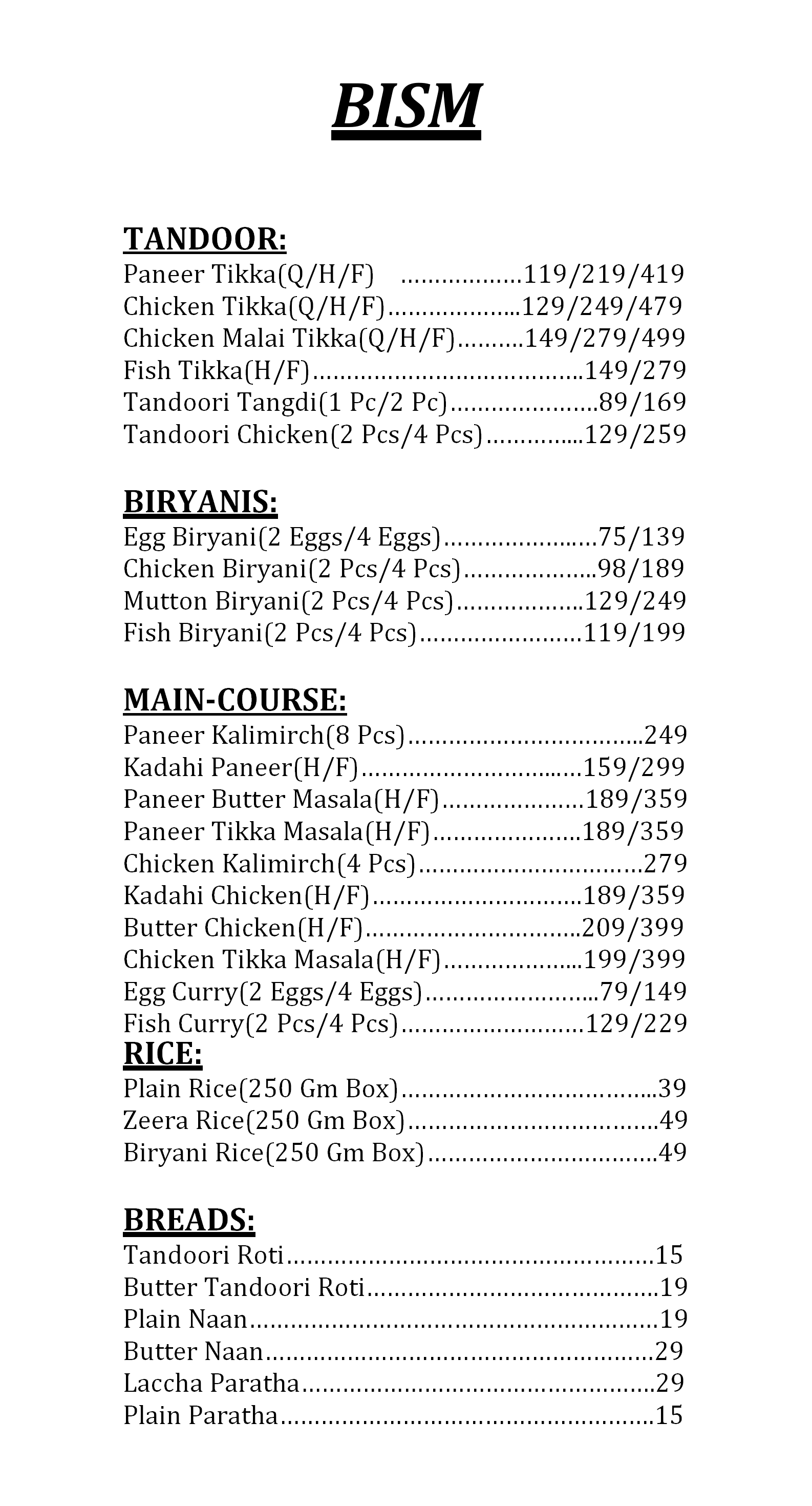 Menu of Bism, Lalbagh, Lucknow
