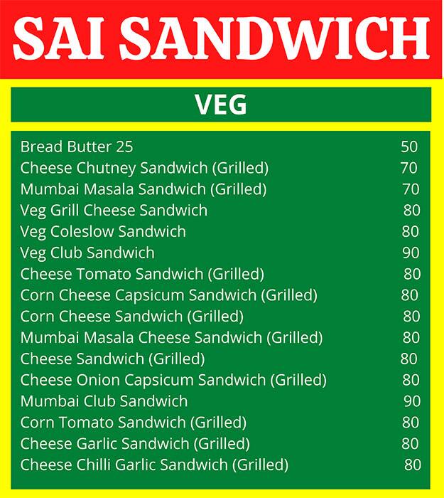 Menu of Sai Sandwich, Chinchwad, Pune