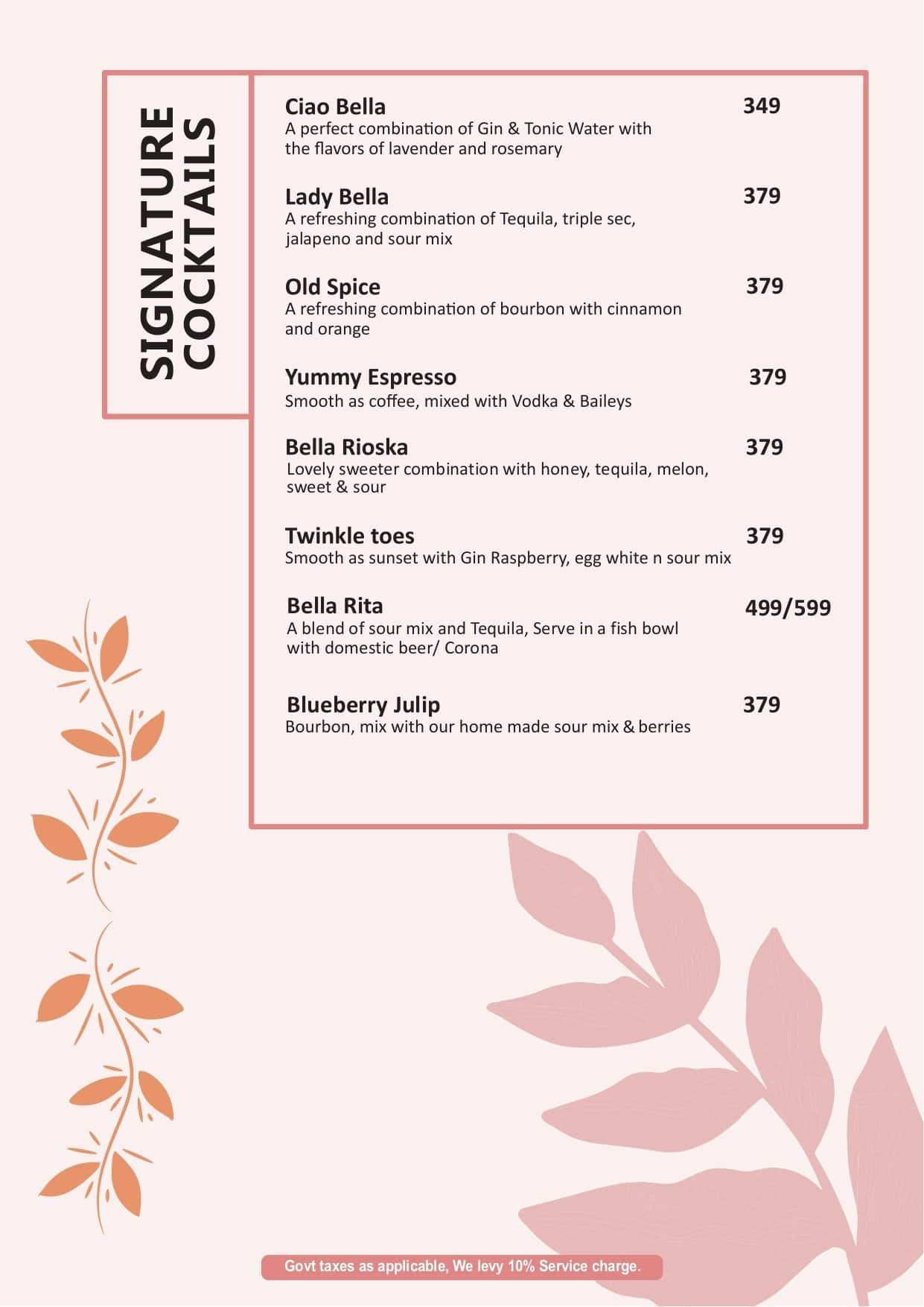 Menu at Bella Rossa, Delhi, Plot No. G