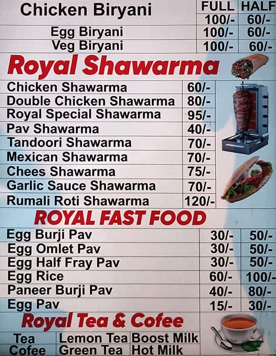 Menu of Royal Shawarma & Fast Food, Nerul, Navi Mumbai