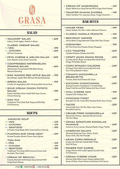 Menu of Grasa Community & Courtyard, Yelahanka, Bangalore
