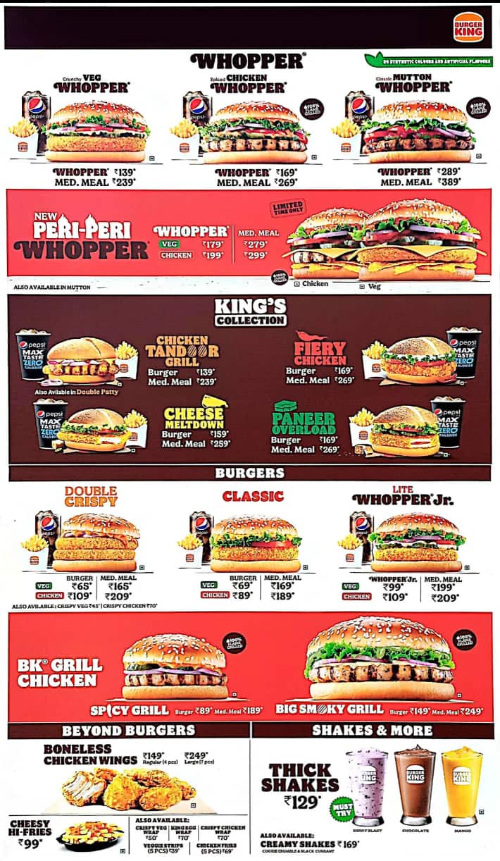 Menu of Burger King, Jaypee Greens, Greater Noida