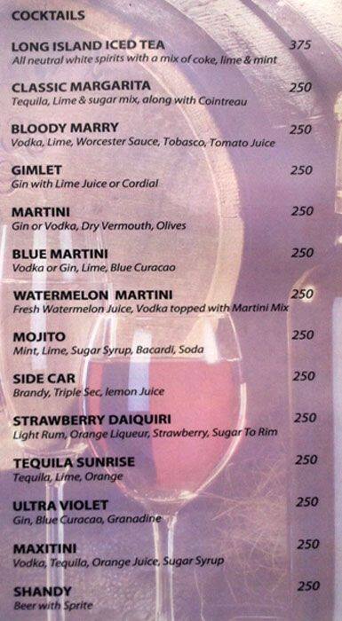 Menu at Maori, Bengaluru