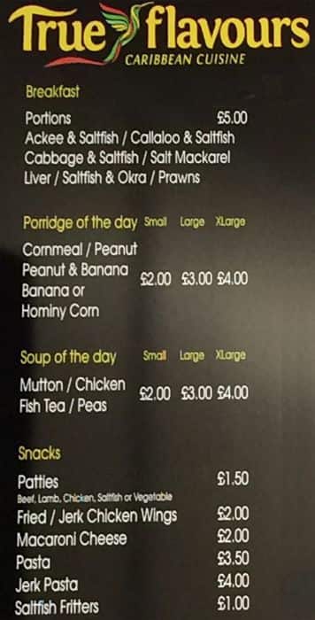 Menu at True Flavours restaurant, London