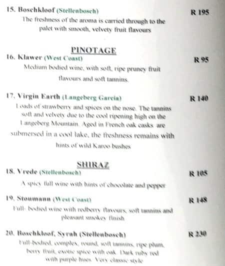 Menu at Korean Soju Restaurant, Cape Town