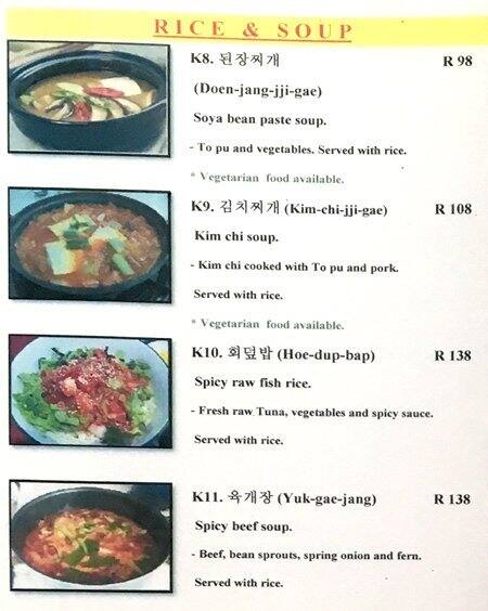 Menu at Korean Soju Restaurant, Cape Town