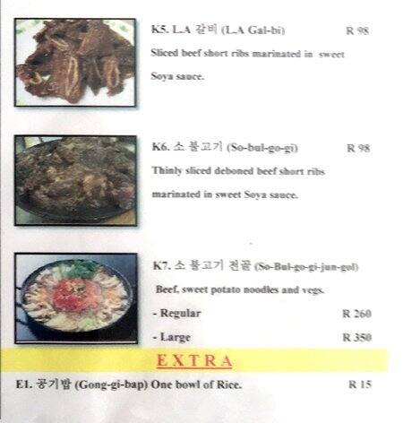 Menu at Korean Soju Restaurant, Cape Town