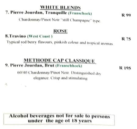 Menu at Korean Soju Restaurant, Cape Town