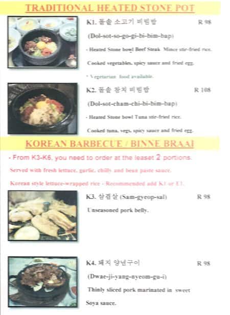 Menu at Korean Soju Restaurant, Cape Town