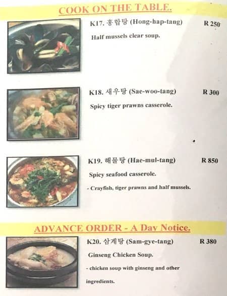 Menu at Korean Soju Restaurant, Cape Town