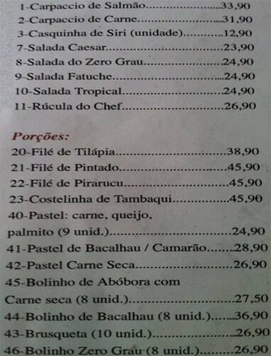 Menu em Zero Grau Mooca pub & Bar, São Paulo, R. Me. de Deus