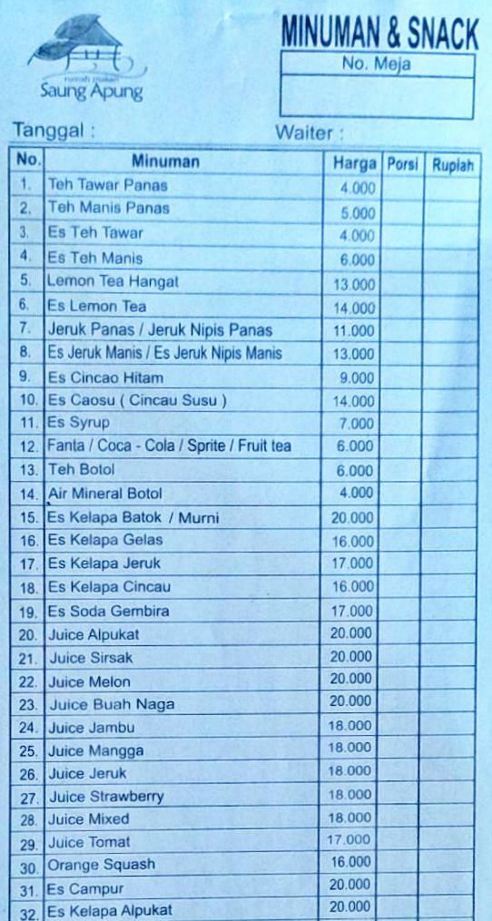 Menu at Saung Apung restaurant, Gunung Putri