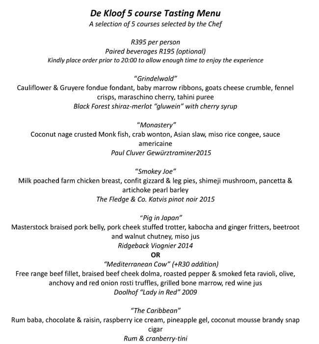 Menu at De Kloof Restaurant, Pretoria, Waterkloof Golf Estate Johan ...