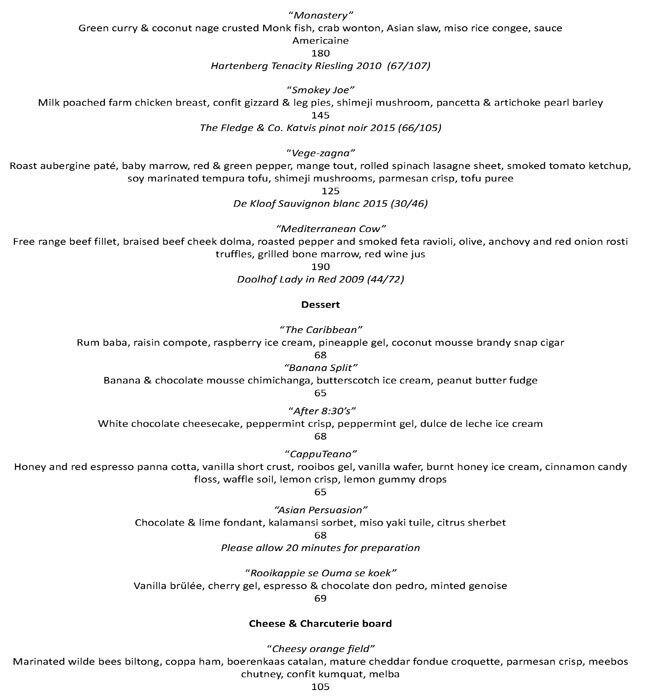 Menu at De Kloof Restaurant, Pretoria, Waterkloof Golf Estate Johan ...