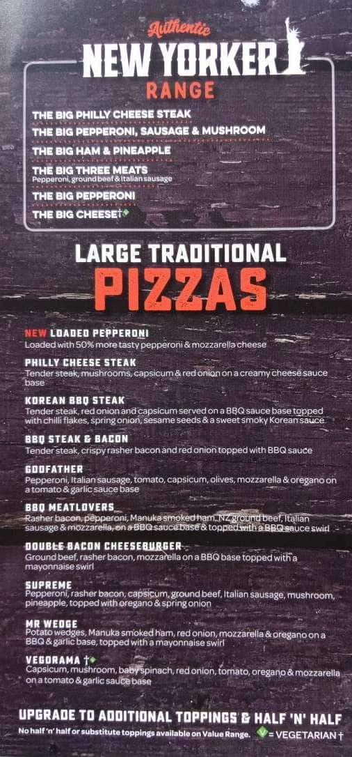 Menu at Domino's pizza restaurant, Hamilton, 36 Liverpool St