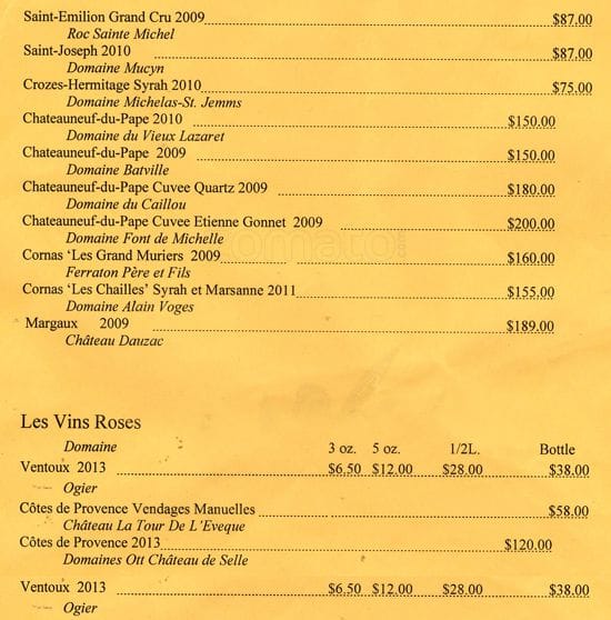 Menu at Batifole restaurant, Toronto