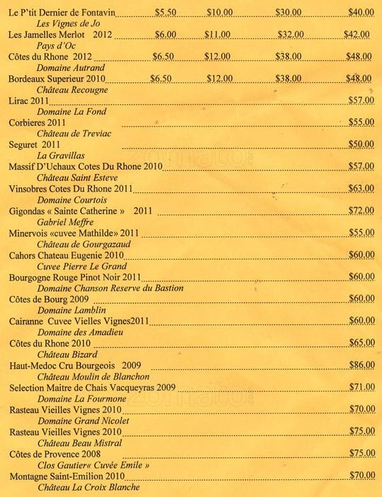 Menu at Batifole restaurant, Toronto