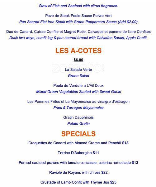 Menu at Batifole restaurant, Toronto