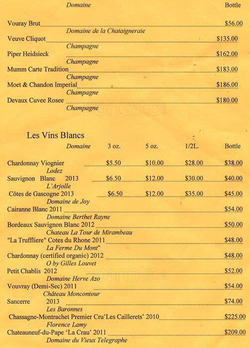 Menu at Batifole restaurant, Toronto