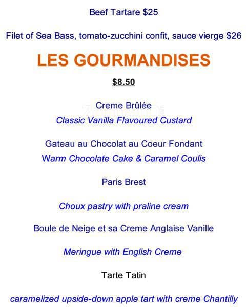 Menu at Batifole restaurant, Toronto